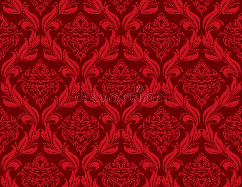 Seamless Damask Pattern with Beautiful Ornamental Red Heart S with ...