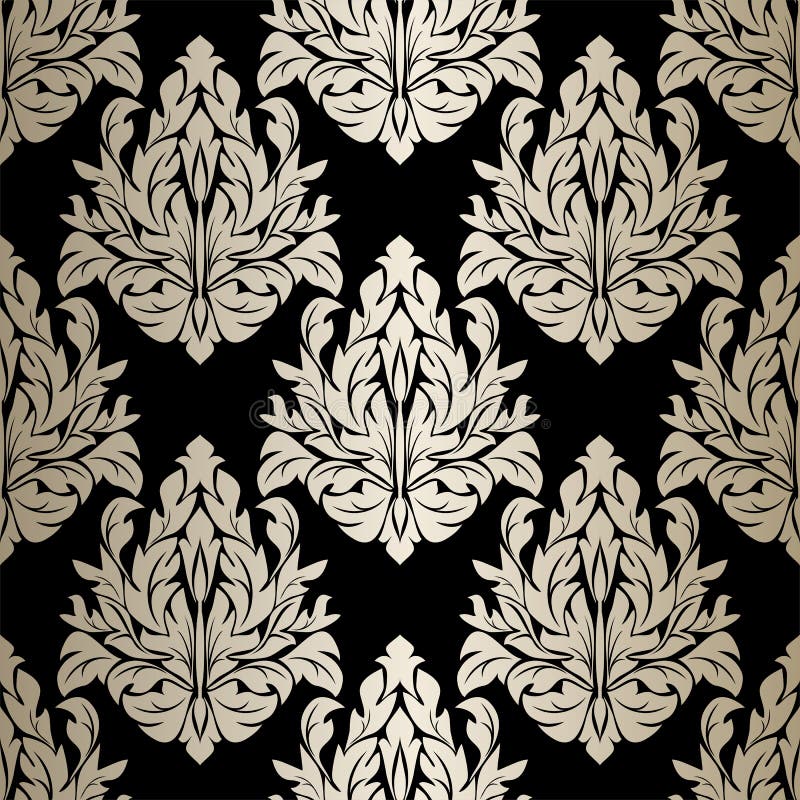 Seamless Damask Wallpaper - Silver Ornament on Black. Stock ...