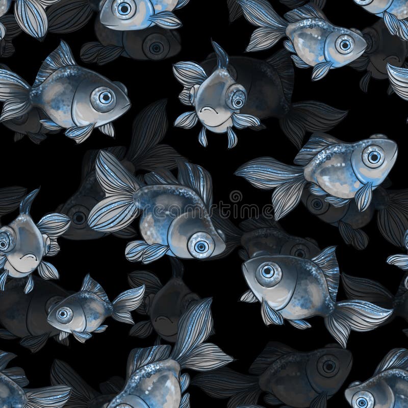 Seamless Decorative Pattern with Fish. Black Background. Stock ...