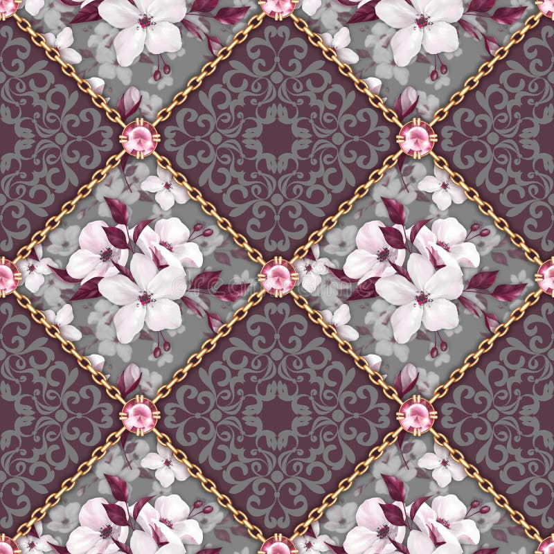 Seamless Decorative Pattern with Flowers and Chains Stock Illustration ...