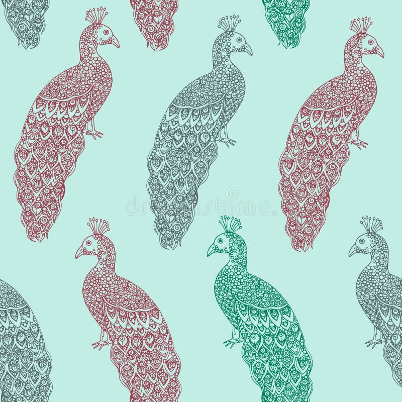 Seamless Decorative Pattern With Hand Drawn Peacock Illustrations Stock