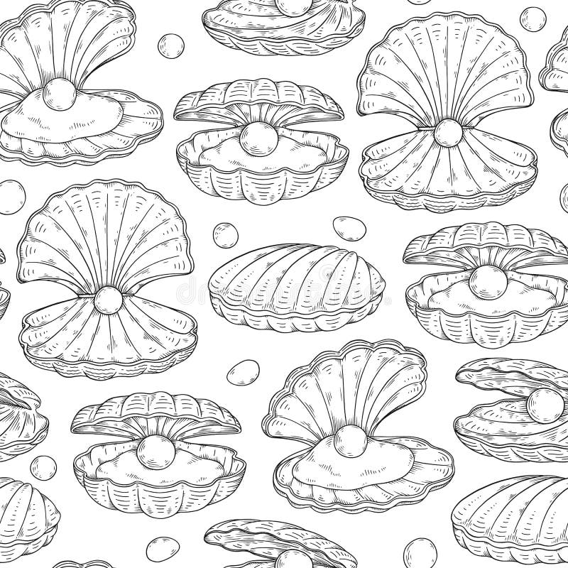 Seamless Decorative Pattern with Pearls in Shells, Sketch Vector ...