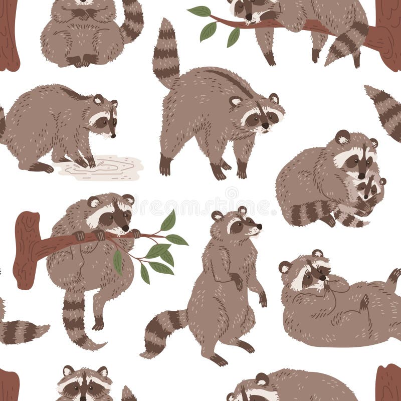 Seamless Decorative Pattern with Raccoons Flat Vector Illustration on ...