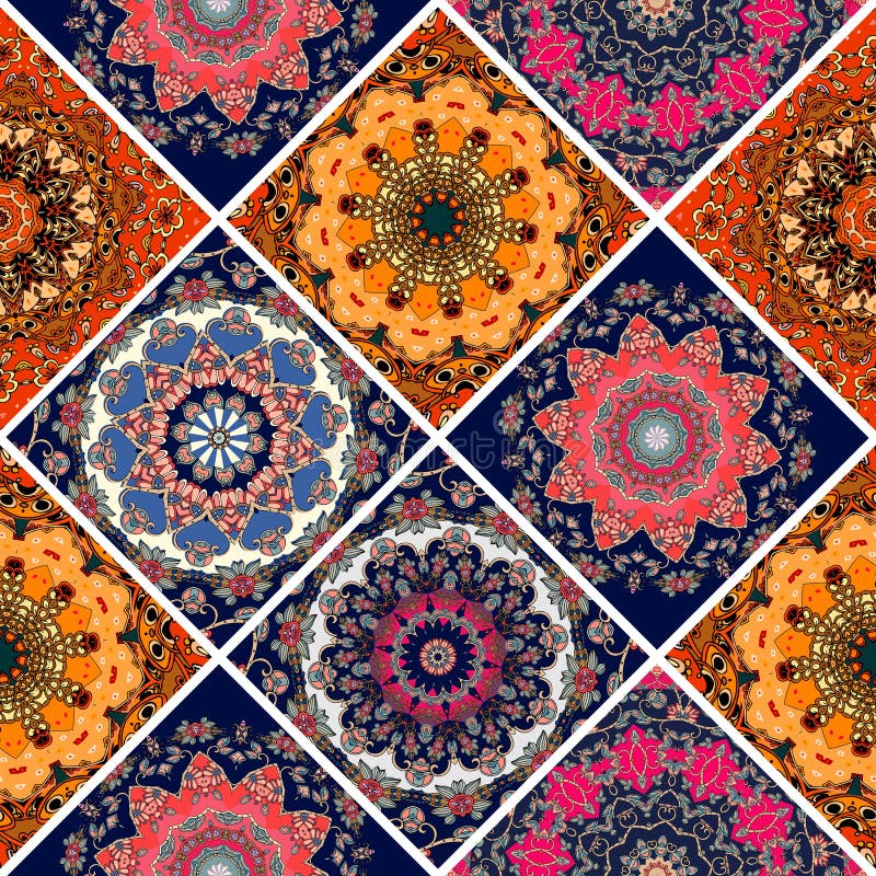 Seamless Diagonal Patchwork Pattern in Boho Style with Flower ...