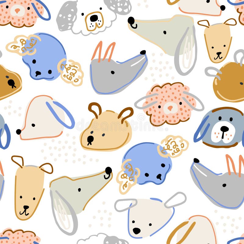 Seamless Dog Face Pattern. Hand Drawn Cute Dogs Texture Stock Vector ...