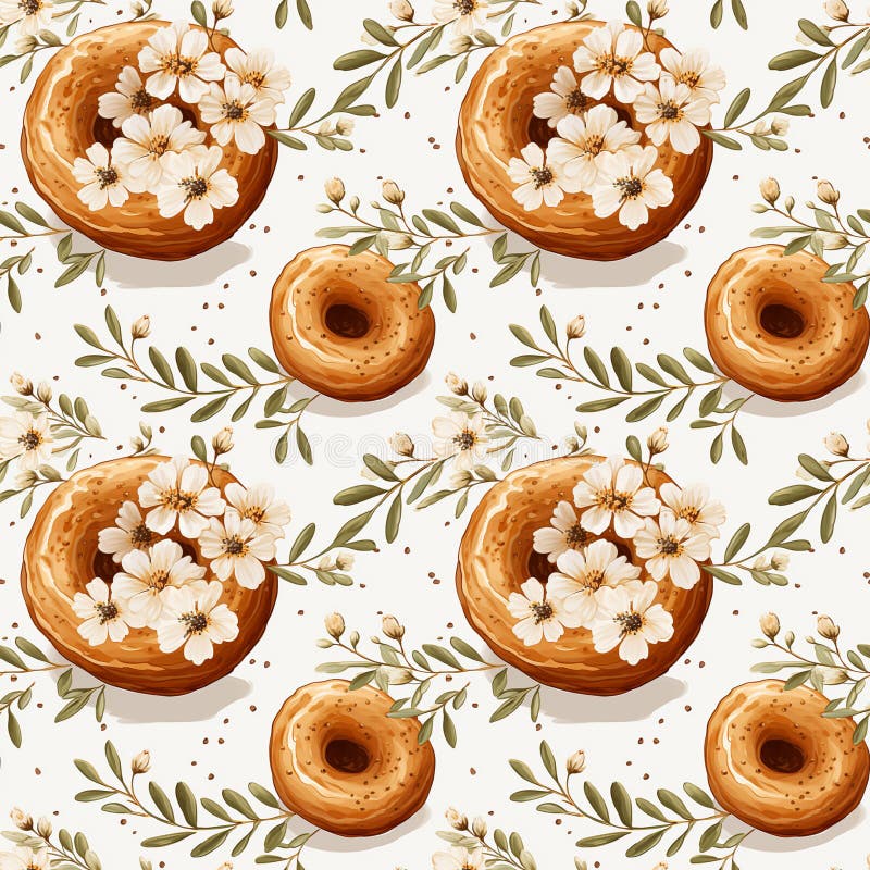 Seamless Donut Pattern with Donuts, White Flowers and Green Leaves on a ...