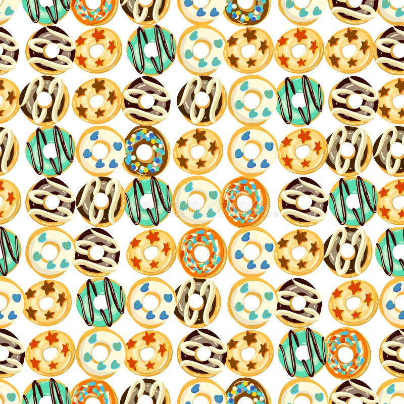 Seamless Donut Pattern on White Background with Various Toppings Stock ...