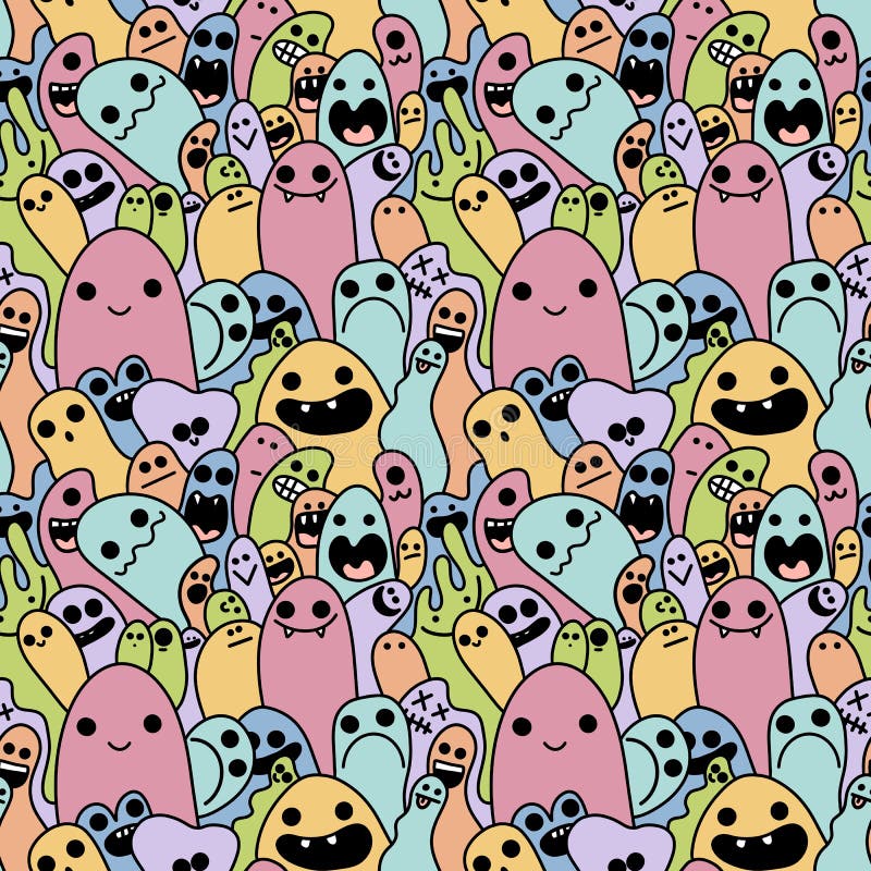 Seamless Doodle Cartoon Pattern with Colour Faces Stock Illustration ...