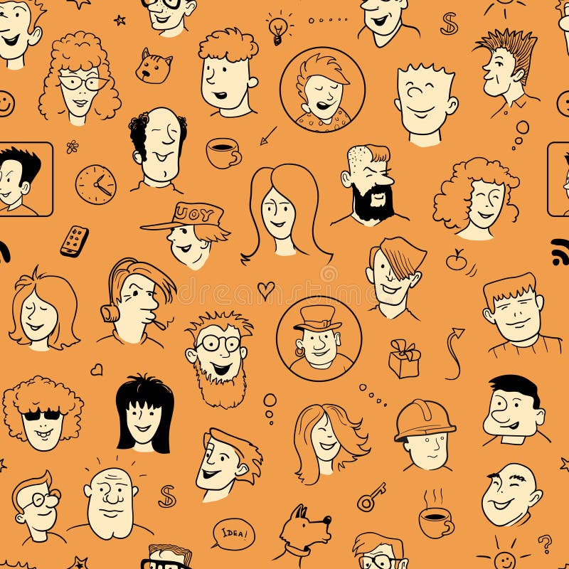 Seamless Doodle Faces Pattern Stock Vector - Illustration of pattern ...