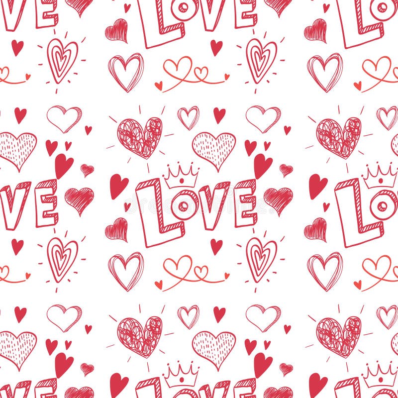 Seamless Doodle Heart and Love Word Pattern Stock Vector - Illustration ...