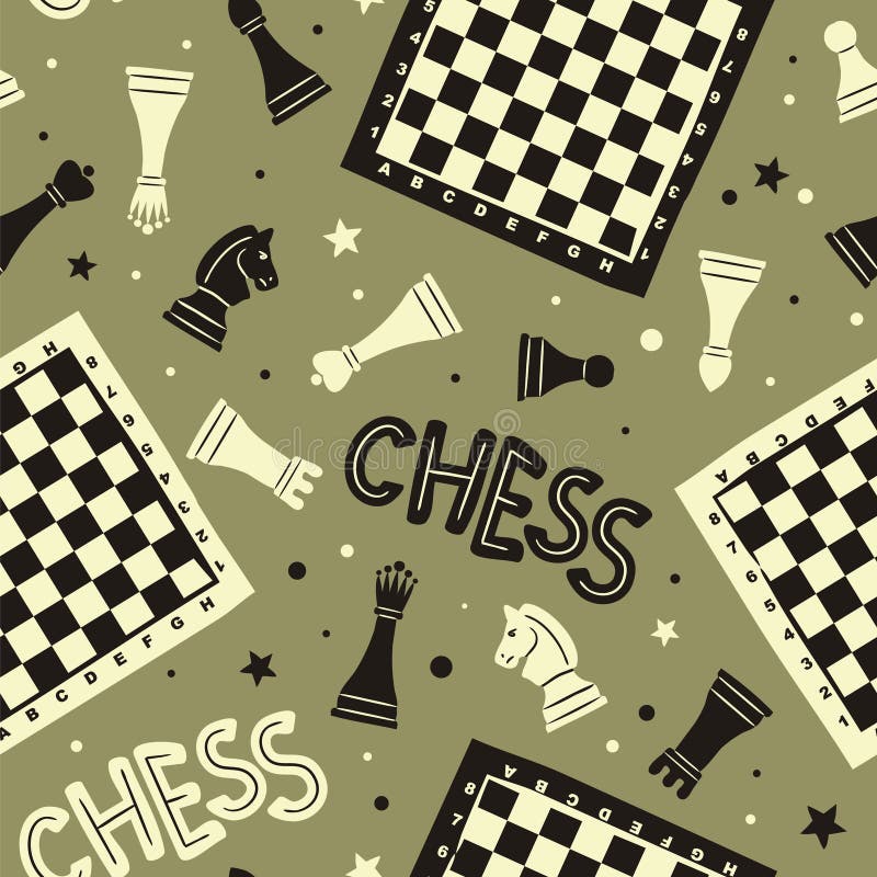 Seamless Doodle Pattern with Chess Pieces, Checkerboards and Stars ...