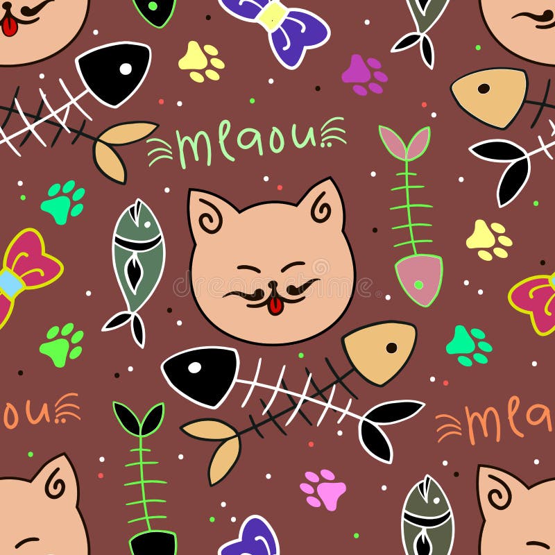 Seamless Doodle Pattern with Cute Cats Stock Vector - Illustration of ...