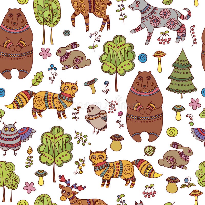 Seamless Doodle Pattern with Forest Animals and Birds Stock Vector ...