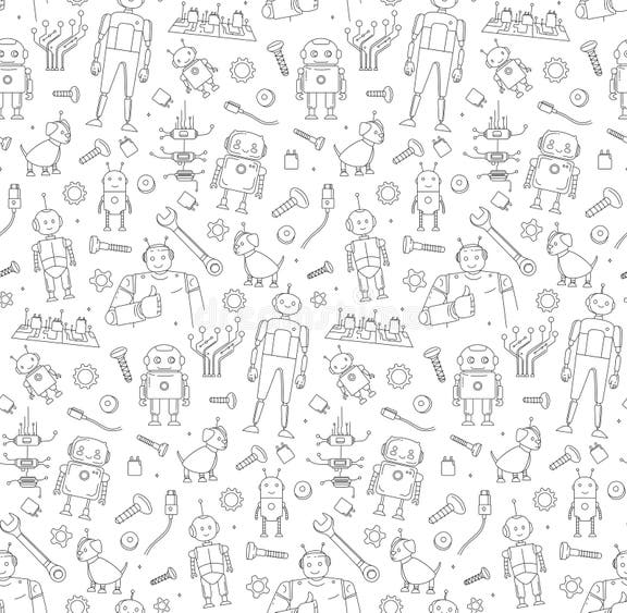 Seamless Doodle Pattern with Robots, Tools, and Microchips STEM and ...