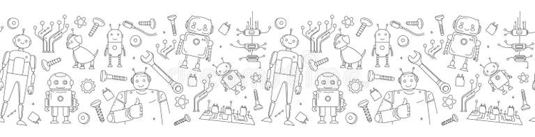 Seamless Doodle Pattern with Robots, Tools, and Microchips STEM and ...