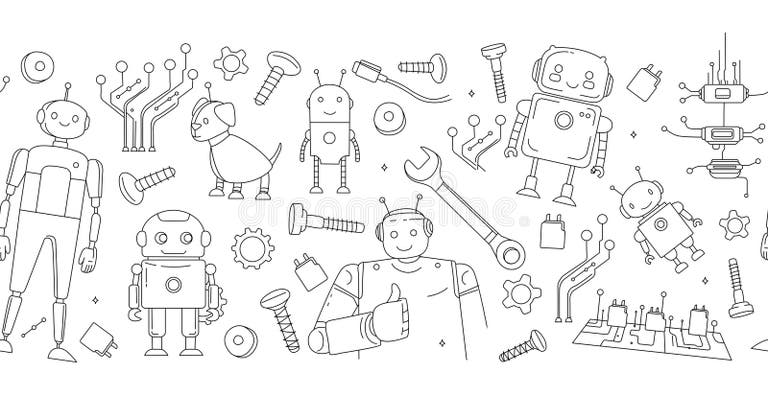 Seamless Doodle Pattern with Robots, Tools, and Microchips STEM and ...