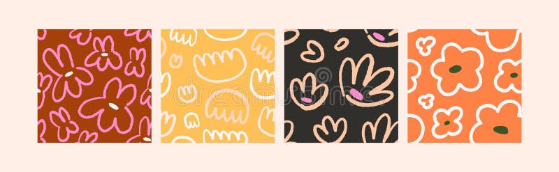 Seamless Doodle Patterns with Flowers, Abstract Shapes Set. Repeating ...