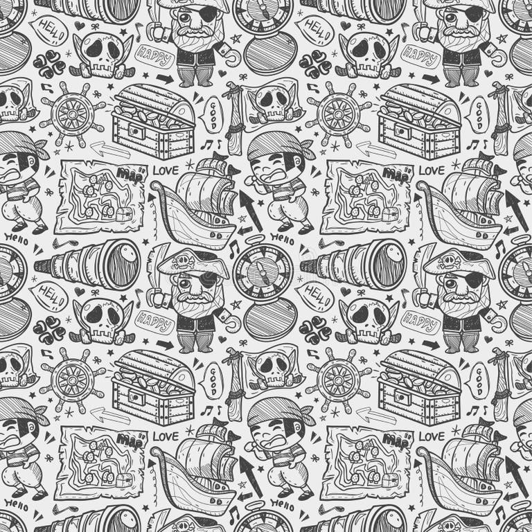 Seamless Doodle Pirate Pattern Stock Illustration - Illustration of ...