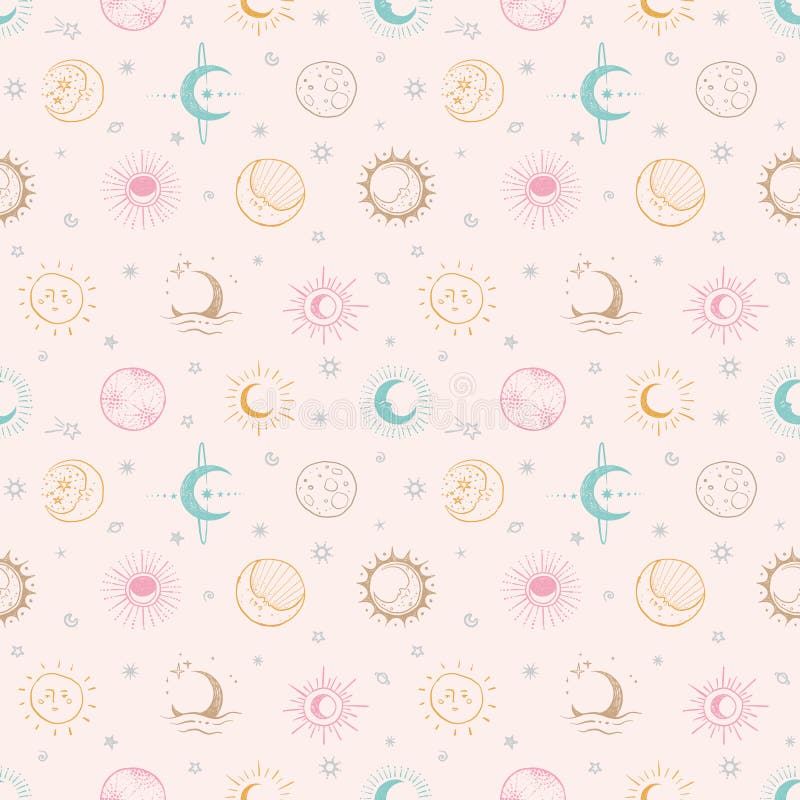 Seamless Doodle-style Pattern with Hand-drawn Stars and Moons in Pastel ...