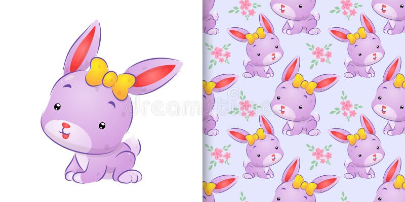 The Seamless Drawing of the Colored Rabbit with the Cute Ribbon on Her ...
