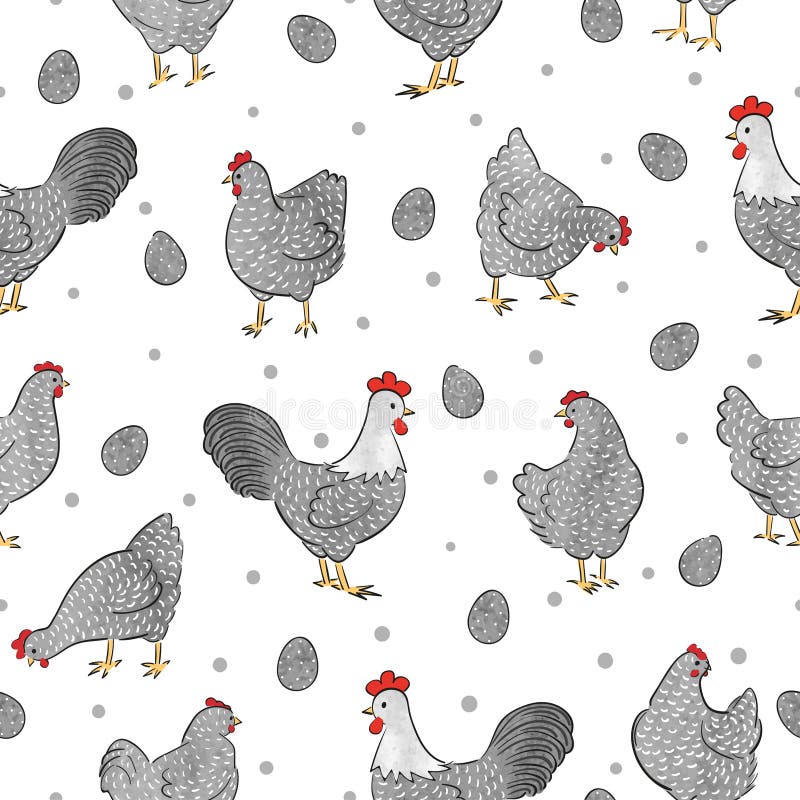 Seamless Easter Chicken Pattern with Hens, Roosters and Eggs. Stock ...