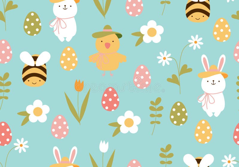 Seamless Easter Egg Pattern Background Design. Easter Eggs, Chicken, Bee, Rabbit and Flowers ...