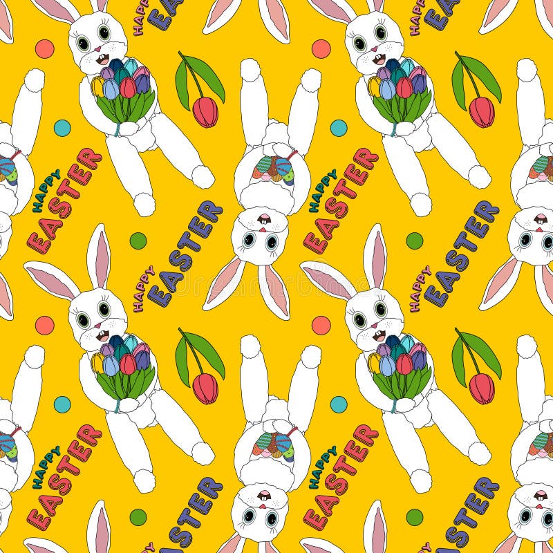 Seamless Easter Pattern with Cute Bunnies and Tulips Stock Illustration - Illustration of yellow ...