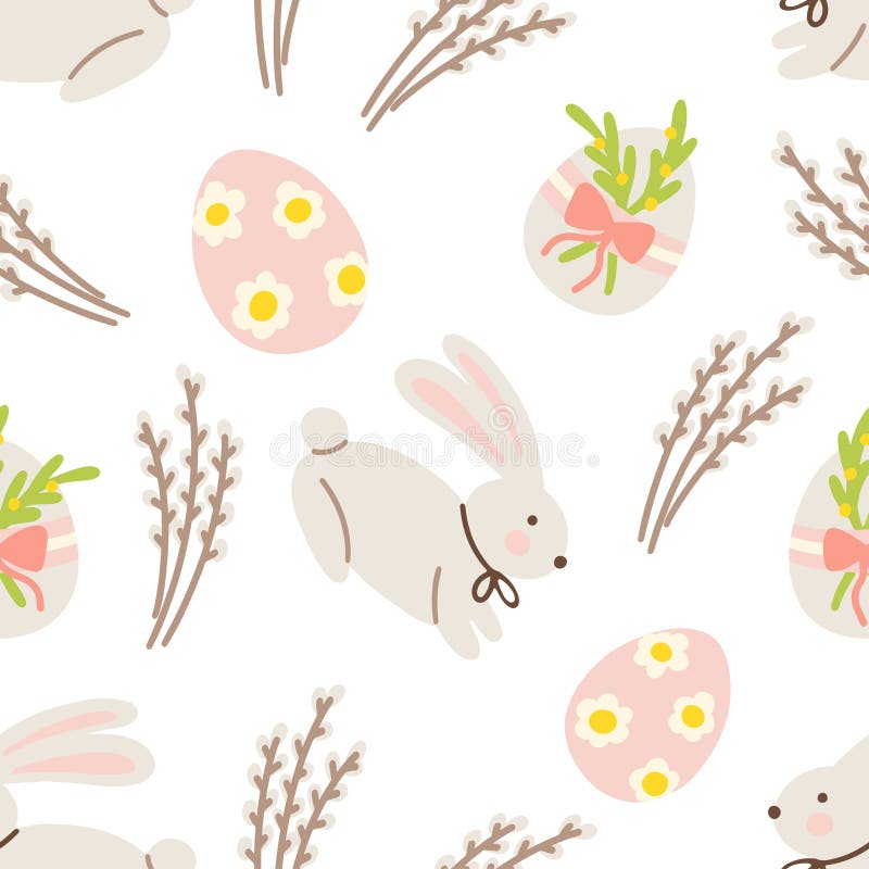 Seamless Easter Pattern with Cute Bunny, Eggs, and Spring Plants Stock Vector - Illustration of ...