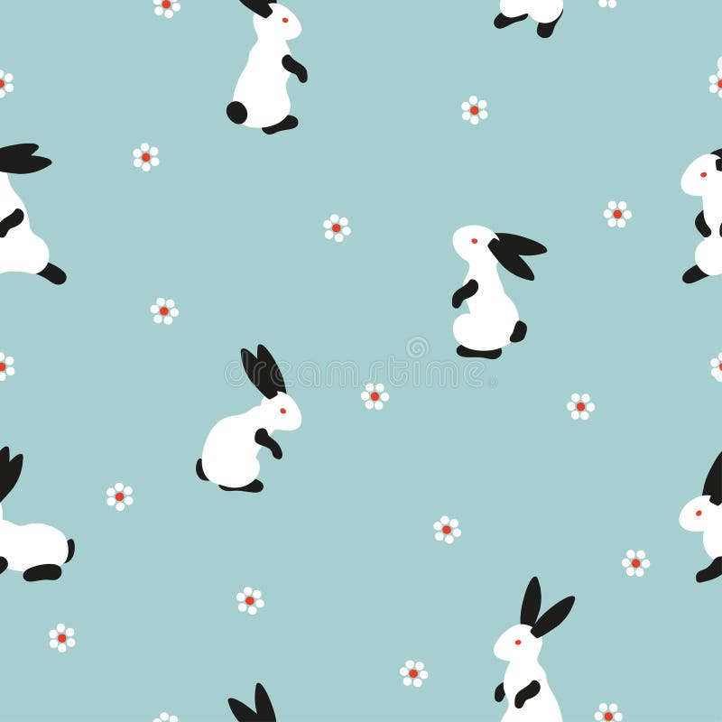 Seamless Easter Pattern with Cute Bunny and Flowers. Vector Rabbit ...