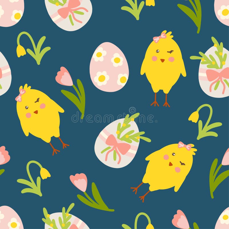 Seamless Easter Pattern with Cute Chicks, Decorated Eggs, Tulips, and Spring Flowers on Blue ...