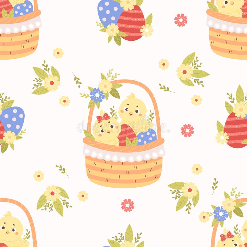 Seamless Easter Pattern. Cute Pair Boy and Girl Chicks in Easter Basket with Eggs and Flowers on ...
