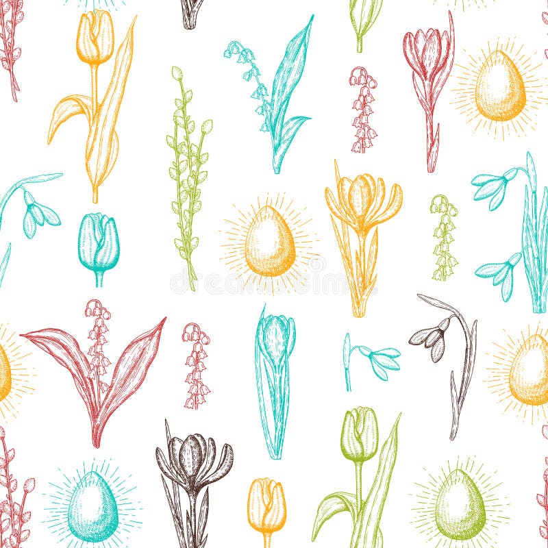 Seamless Easter Pattern with Hand Drawn Easter Egg, Lilies of the Valley, Tulip, Snowdrop ...
