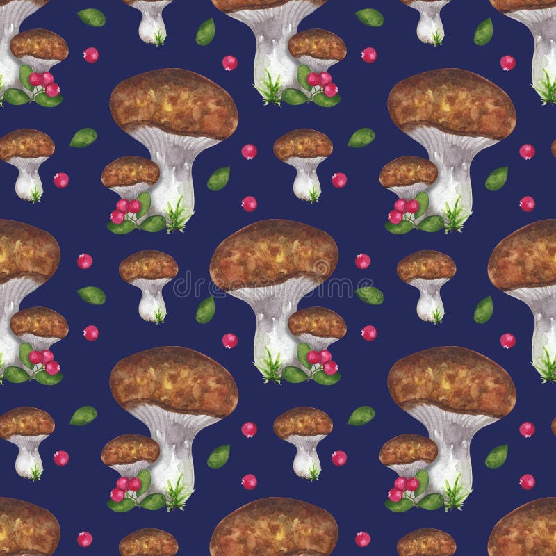 Seamless Endless Pattern. Boletus Edible Forest Mushroom, Cranberry ... Seamless Endless Pattern. Boletus Edible Forest Mushroom, Cranberry ...