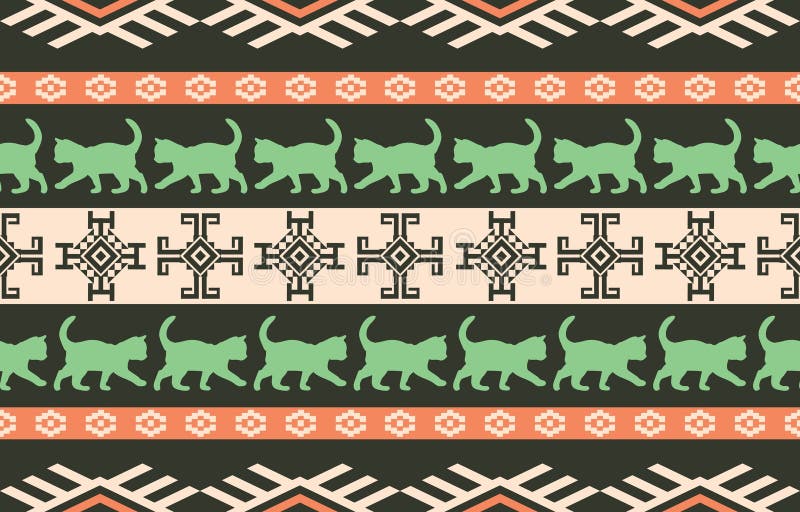 Seamless Ethnic Pattern Design Featuring Cats and Geometric Motifs ...