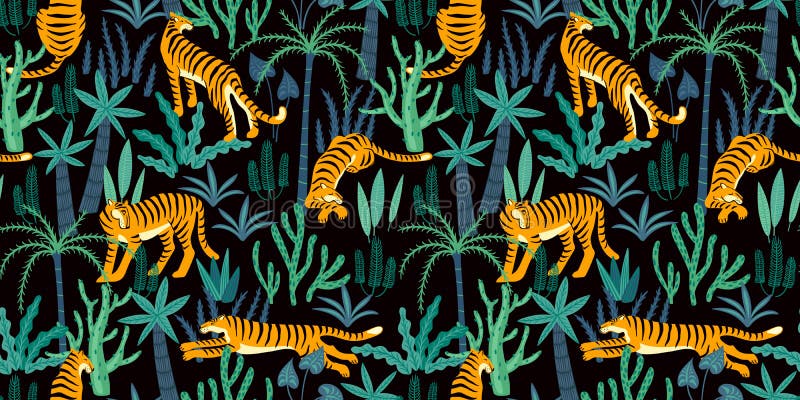 Seamless Exotic Pattern with Tigers in the Jungle. Stock Vector ...