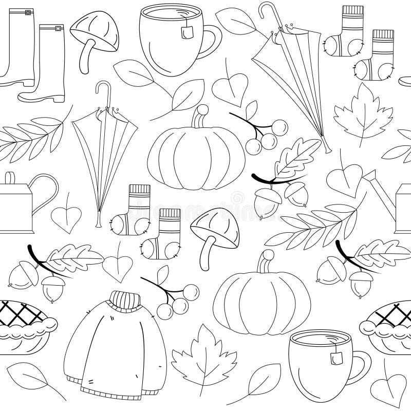 Seamless Fall Outline Pattern on Light Background with Pumpkin, Sweater ...