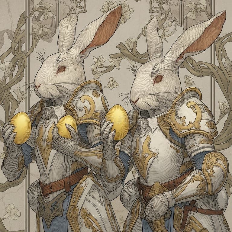 Fantasy Seamless Pattern with Armored Rabbits Holding Glowing Easter ...
