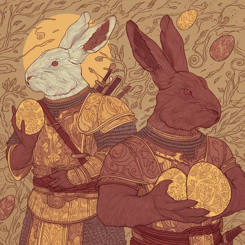 Fantasy Seamless Pattern with Armored Rabbits Holding Glowing Easter ...