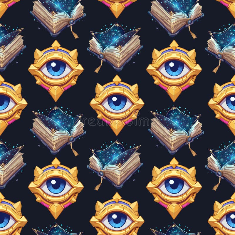 Seamless Fantasy Pattern with Glowing All-seeing Eyes, Open Magic Books ...