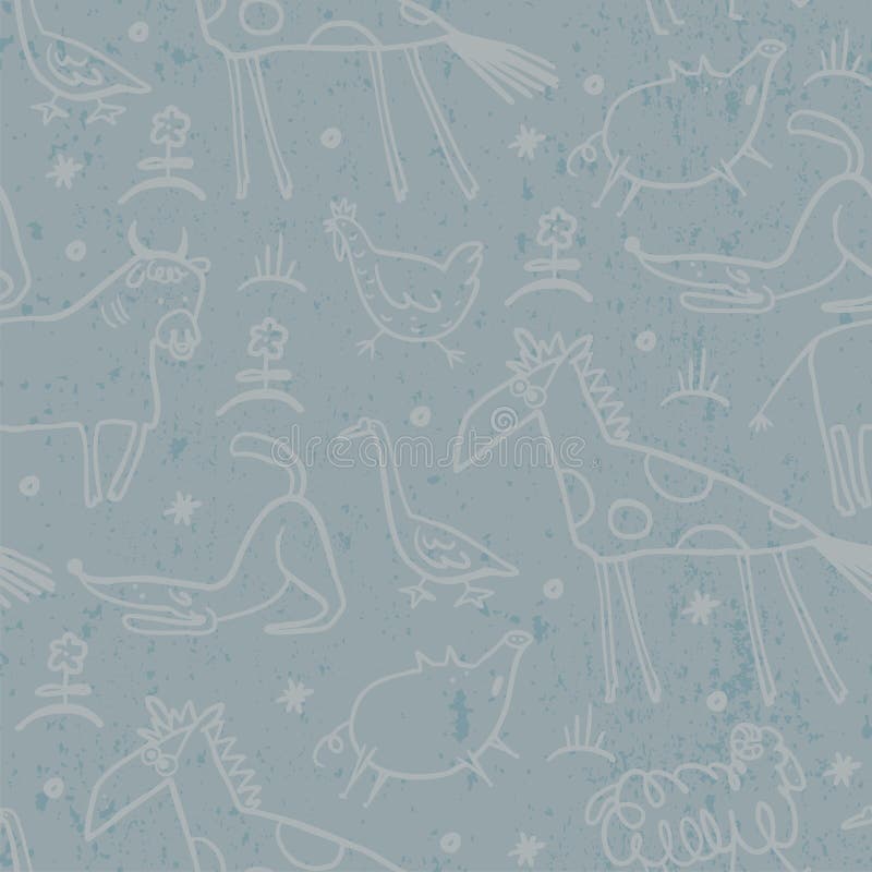 Seamless Farm Animals Pattern with Funny Doodle Line Drawing Design ...