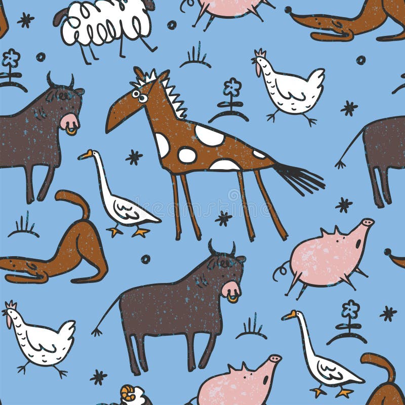 Seamless Farm Animals Pattern with Funny Doodle Line Drawing Design ...