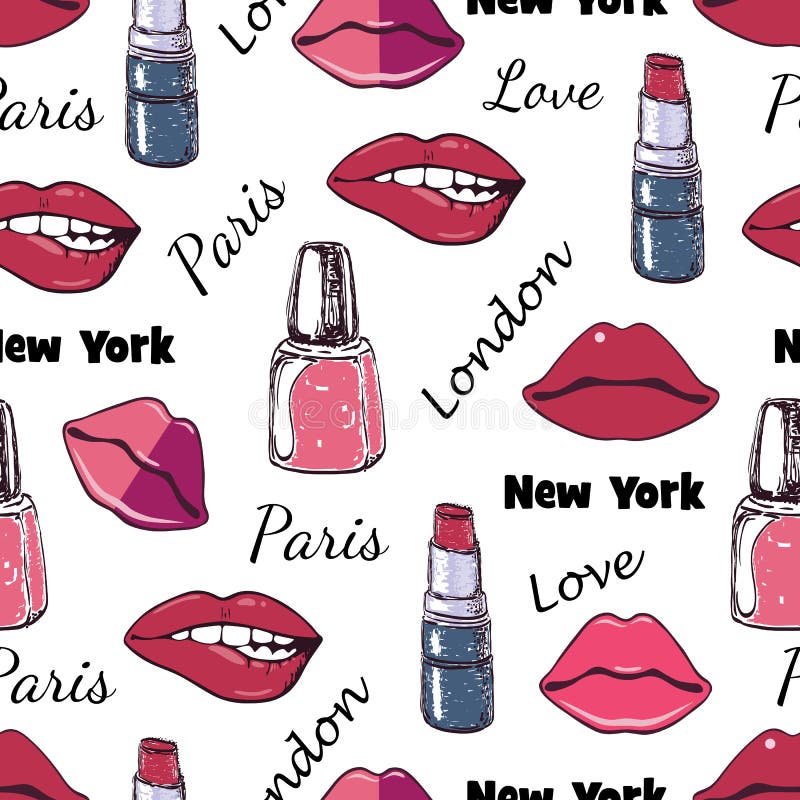 Lips and Lipsticks Beauty Seamless Pattern Stock Vector - Illustration ...
