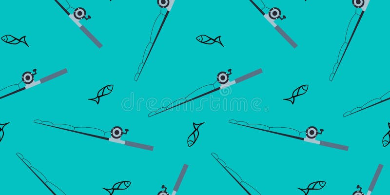 Seamless Fishing Rods Spinning Reels and Fish Pattern Blue Background ...