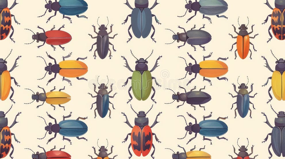 This Seamless Flat Modern Illustration Features Beetles with a ...
