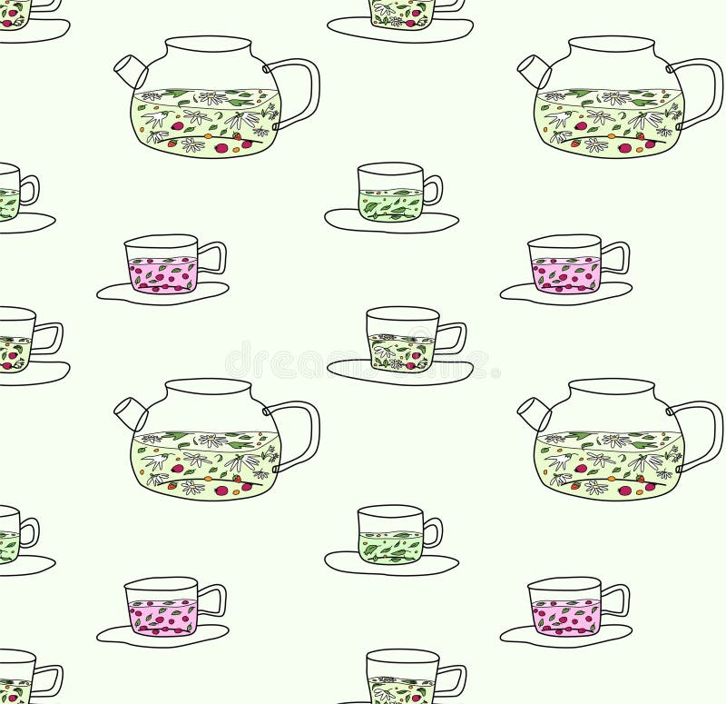 Seamless Flat Vector Illustration of Teapots and Cups with Herbal and ...