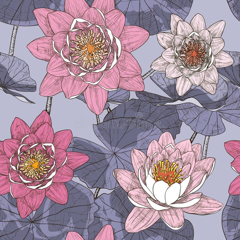 Seamless Pattern with Water Lilies and Dragonflies Stock Vector ...