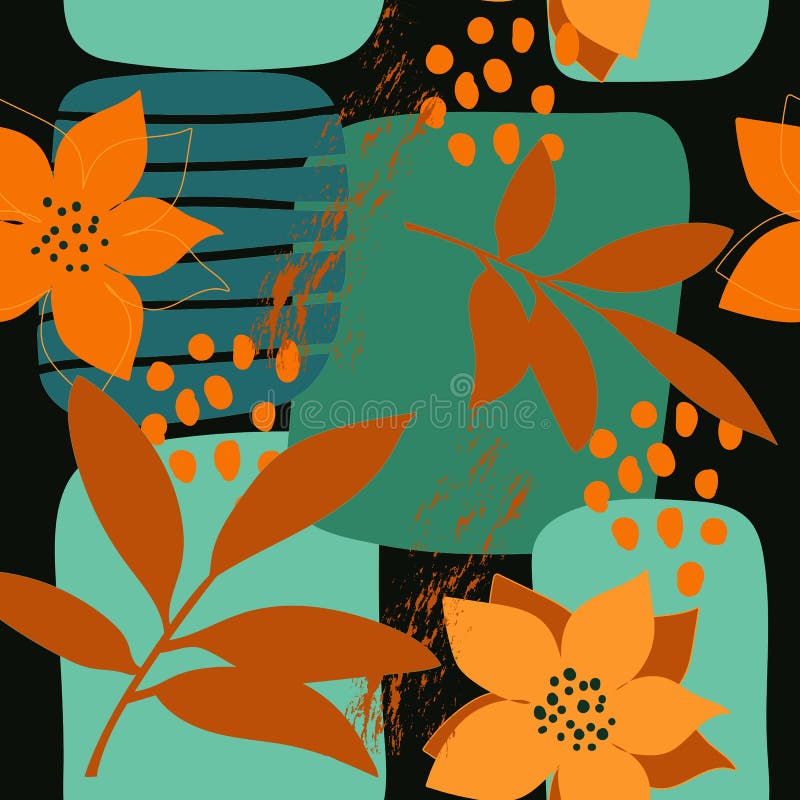 Seamless Floral Collage Pattern with Orange Flowers and Leaves on a ...