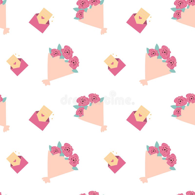 Seamless Floral and Envelope Pattern with Pink Roses on White ...