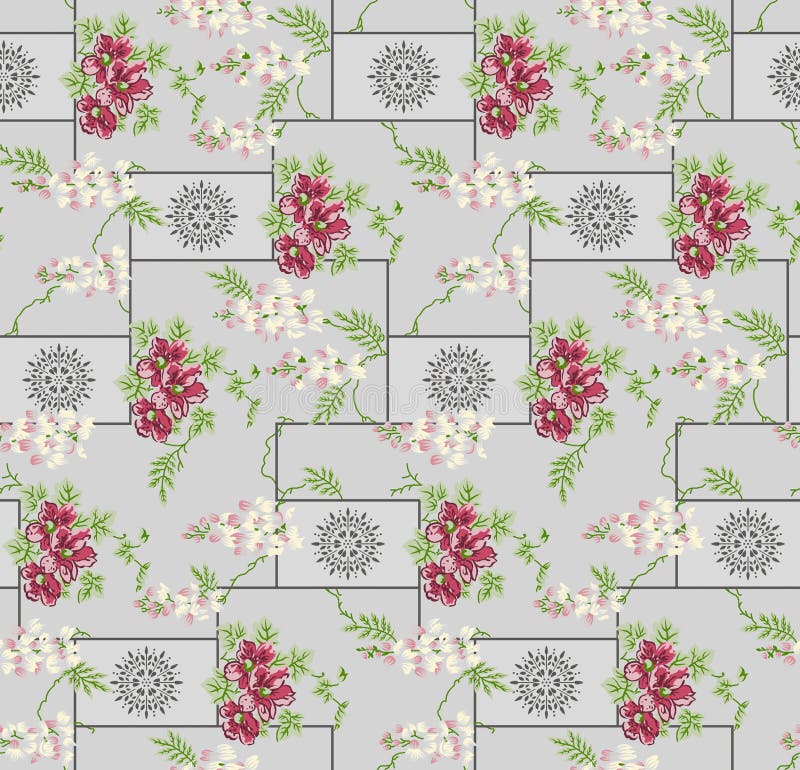 Seamless Floral Flower Design with Geometric Grey Background Stock ...
