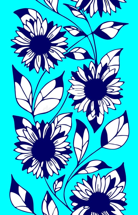 Seamless Floral Frame of Blue and White Sunflowers on a Turquoise ...